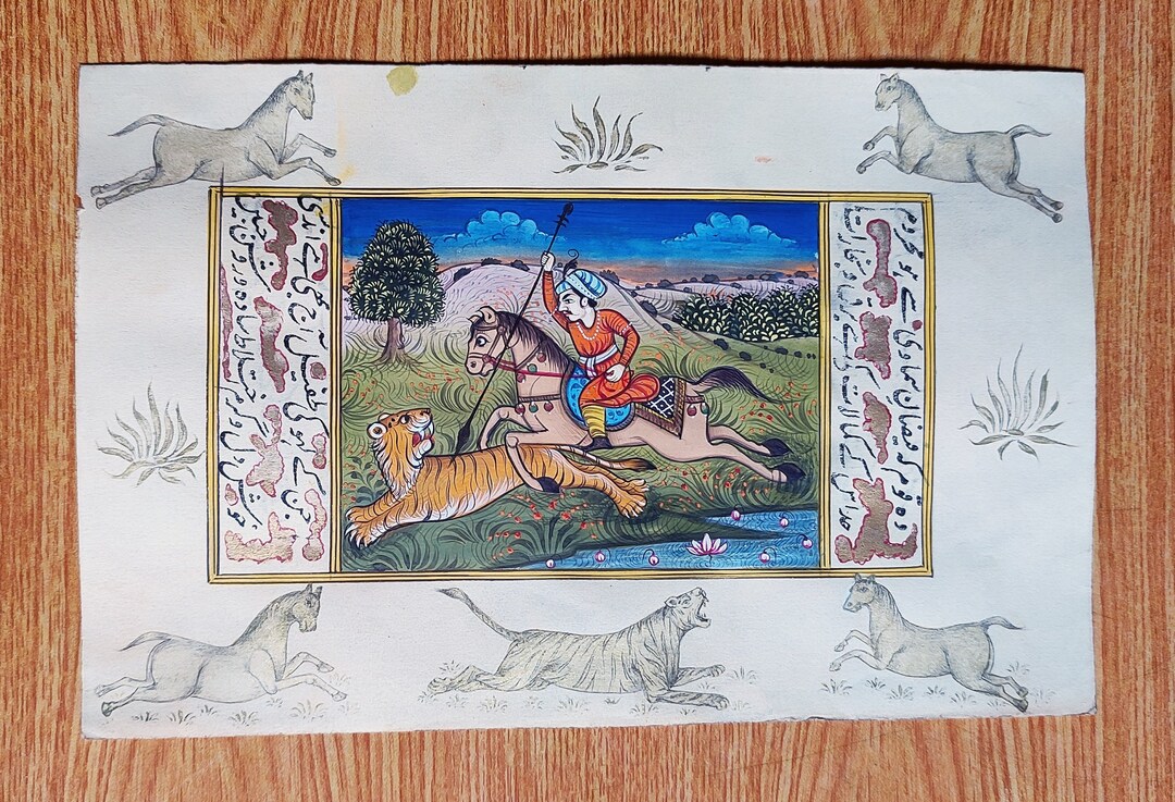 Mughal Art Painting: Maharaja Tiger Hunt, Handmade Miniature - Etsy