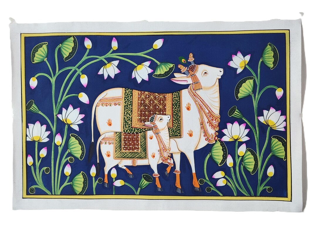 Cow and Lotus Pichwai Painting on Cotton Cloth, Gift for Indian Friend ...