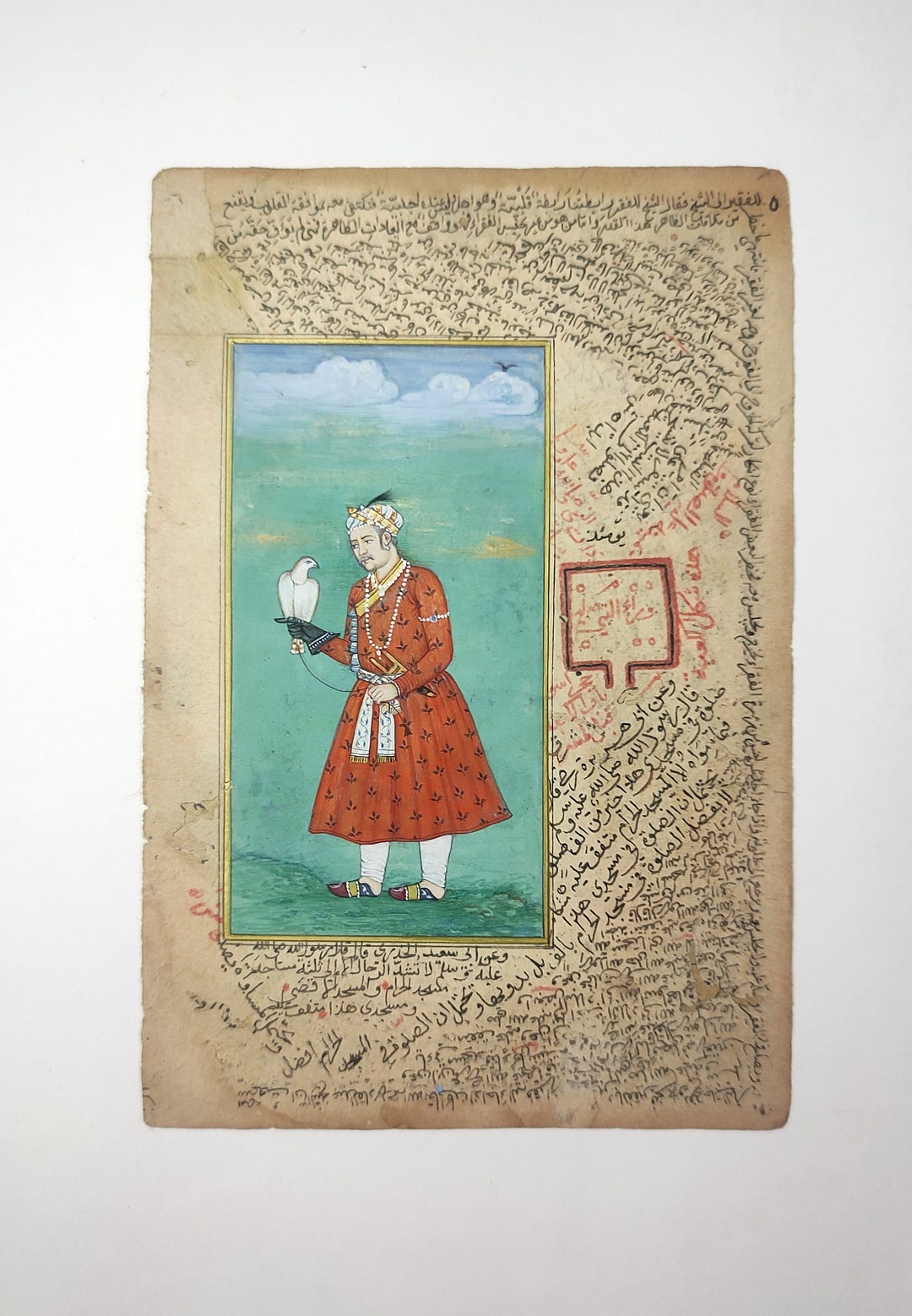 Hand Painted Indian Mughal King Akbar Portrait With Falcon on Paper L ...