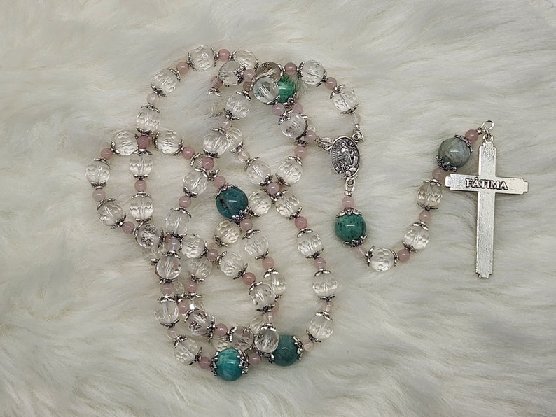 Double Sided Fatima and Sacred Heart Rosary Russian Amazonite, Clear ...