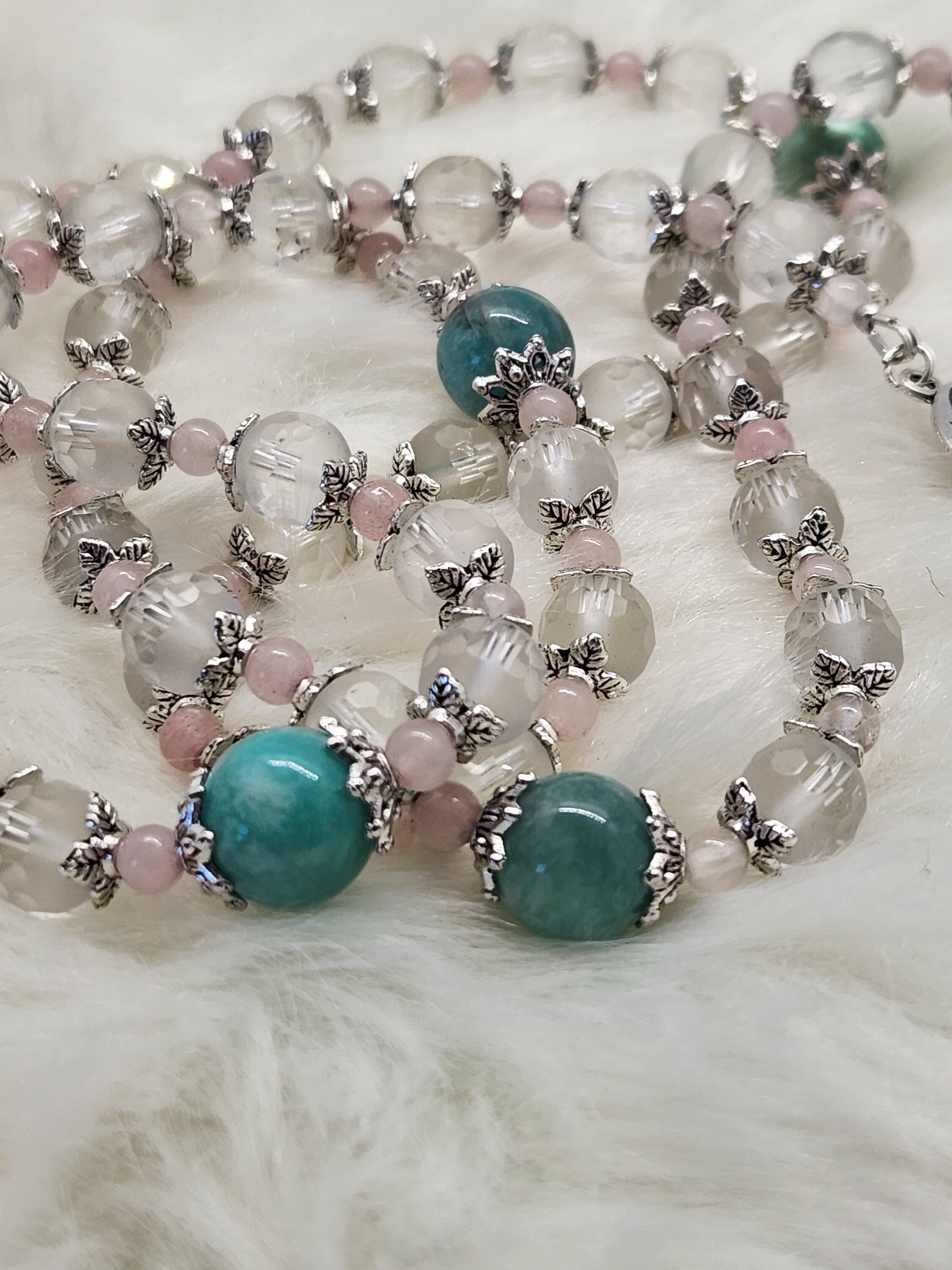 Double Sided Fatima and Sacred Heart Rosary Russian Amazonite, Clear ...