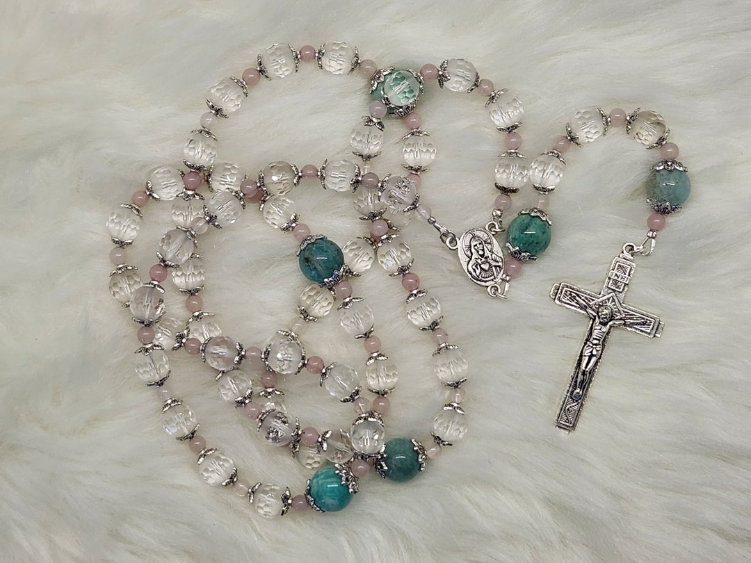 Double Sided Fatima and Sacred Heart Rosary Russian Amazonite, Clear ...
