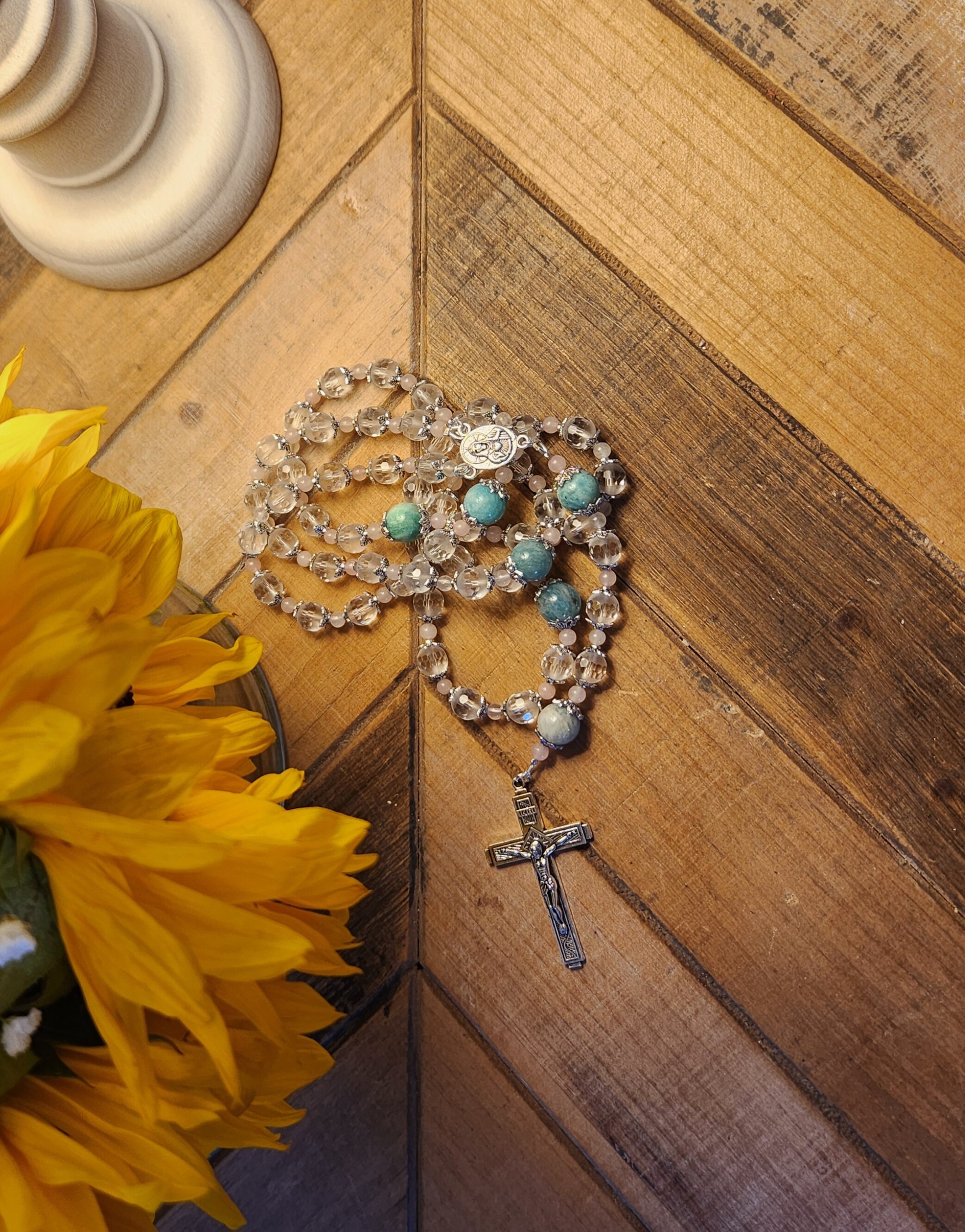 Double Sided Fatima and Sacred Heart Rosary Russian Amazonite, Clear ...