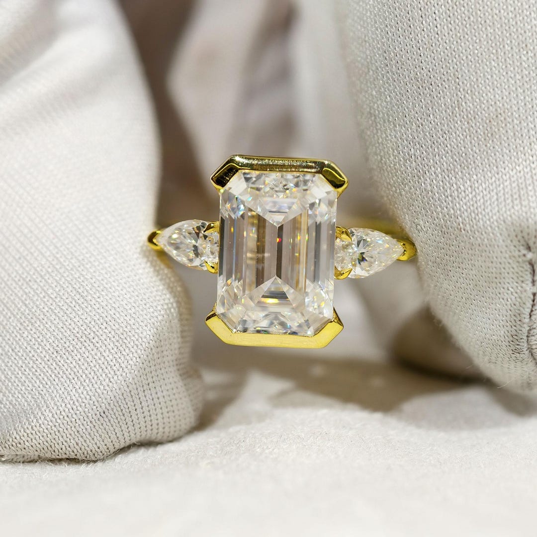 Three Stone Bezel Set Engagement Ring, Emerald Cut Moissanite Half ...