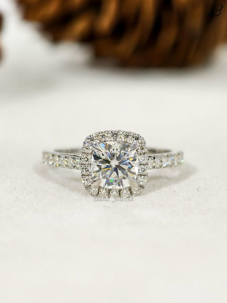 Cushion Cut Moissanite Halo Engagement Ring, 4 Claw Prong Cathedral Set ...