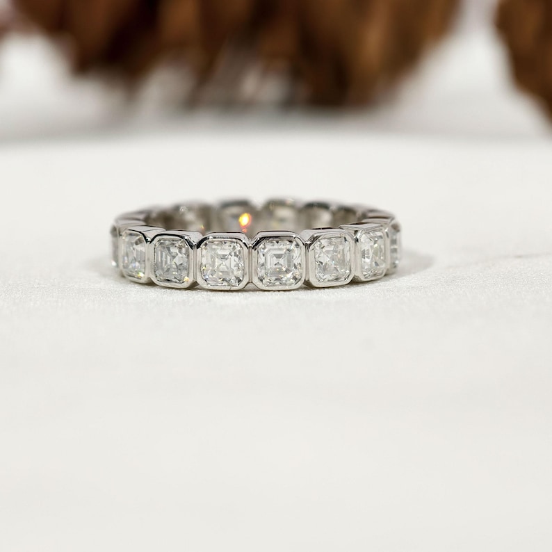 Modern Asscher Cut Moissanite Full Eternity Band, Minimalist Bezel Set ...