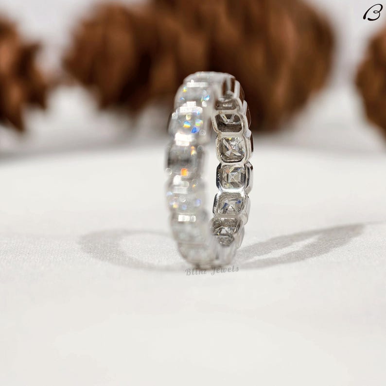 Modern Asscher Cut Moissanite Full Eternity Band, Minimalist Bezel Set ...