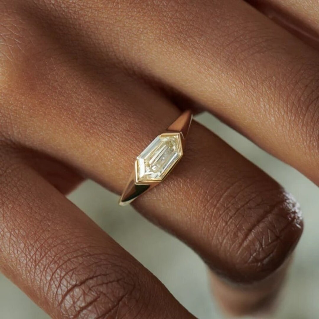 East West Hexagon Moissanite Ring, 1.50 Ct Hexagon Cut Bezel Set ...