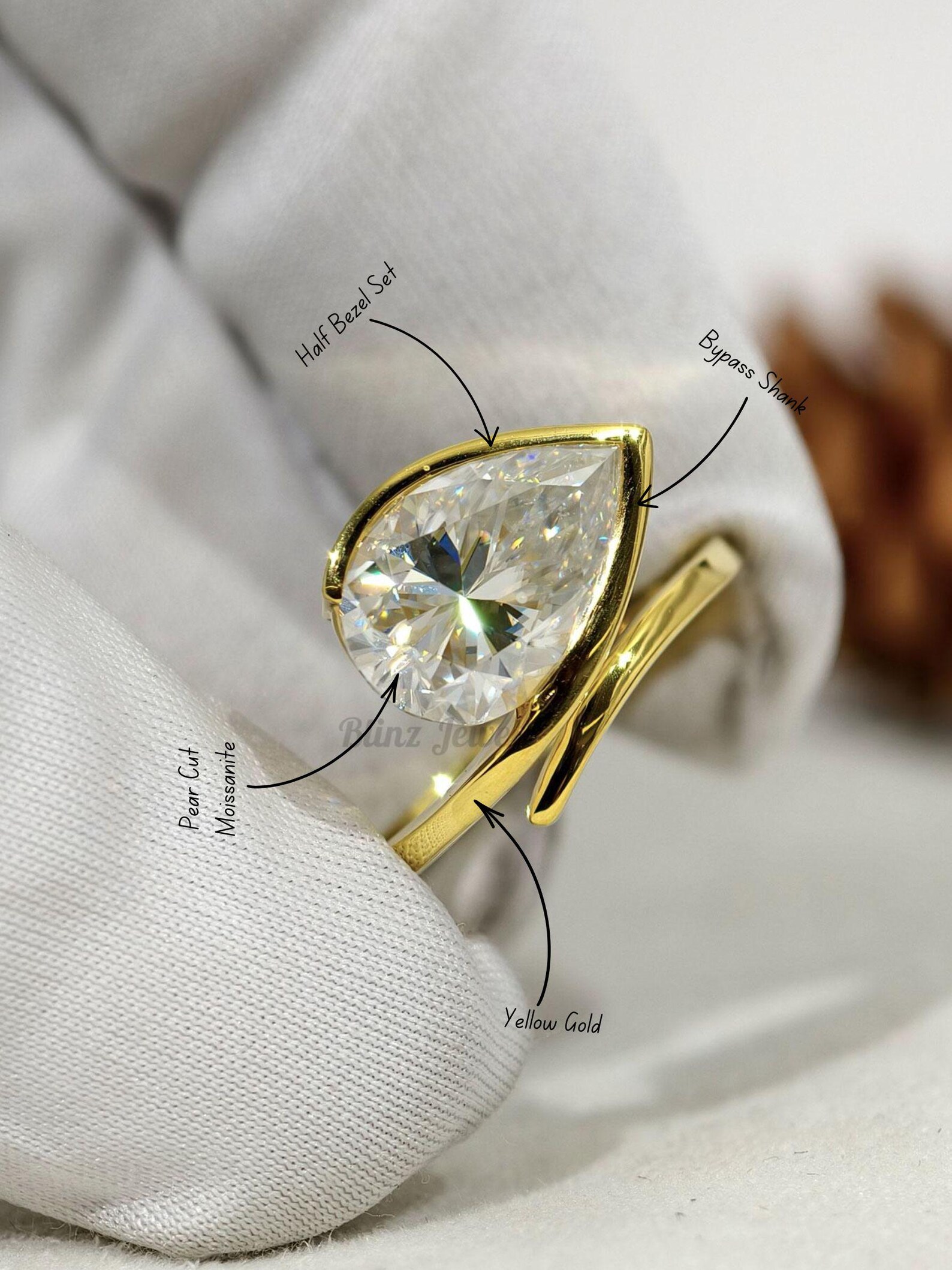 Half Bezel Setting Bypass Shank Pear Cut Moissanite Engagement Ring ...