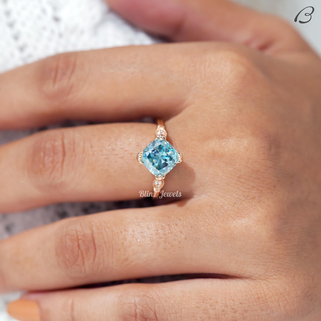 Cyan Blue Moissanite Ring, 2.50 CT Cushion Cut Engagement Ring, East ...