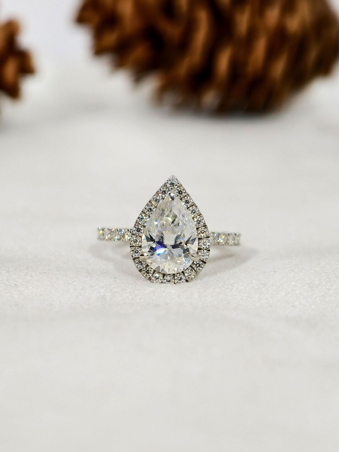 Pear Cut Moissanite Engagement Ring, Halo Wedding Ring in 14K White ...