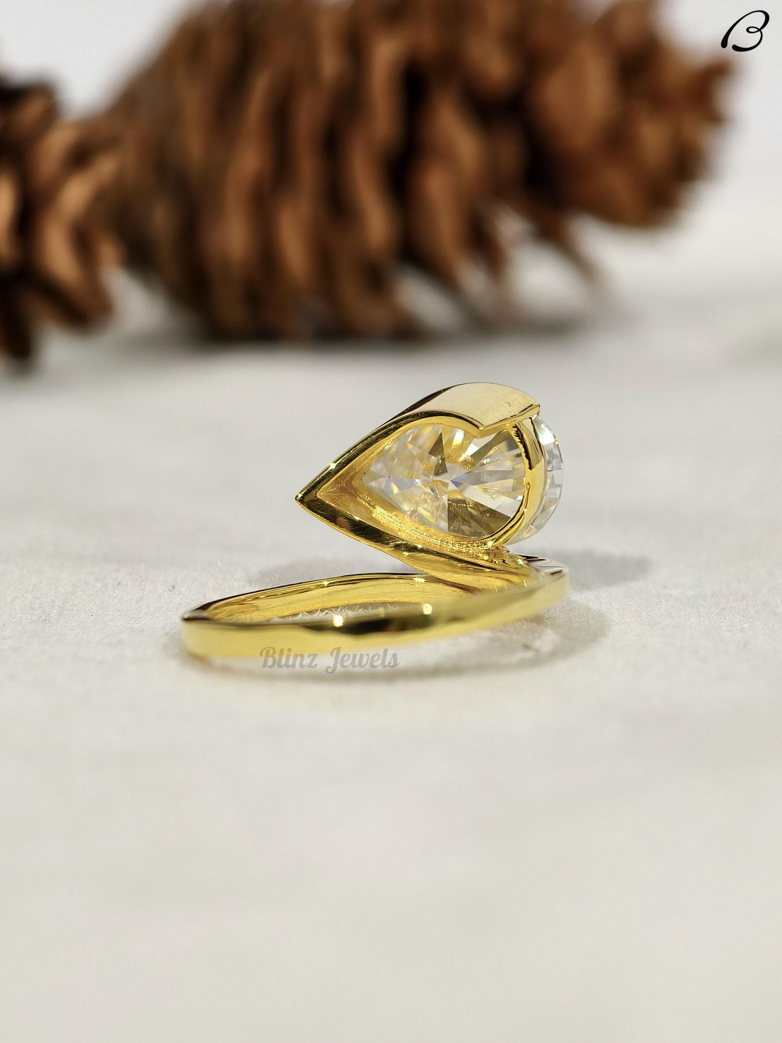 Half Bezel Setting Bypass Shank Pear Cut Moissanite Engagement Ring ...