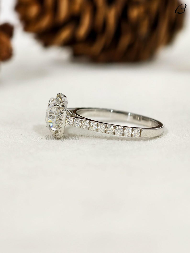 Cushion Cut Moissanite Halo Engagement Ring, 4 Claw Prong Cathedral Set ...