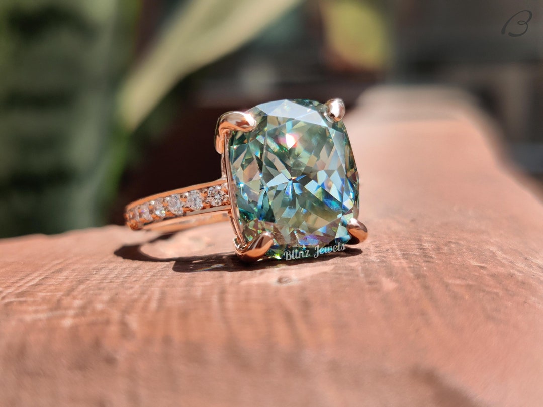 5 Ct Elongate Cushion Cut Cyan Blue Color Moissanite Engagement Ring ...
