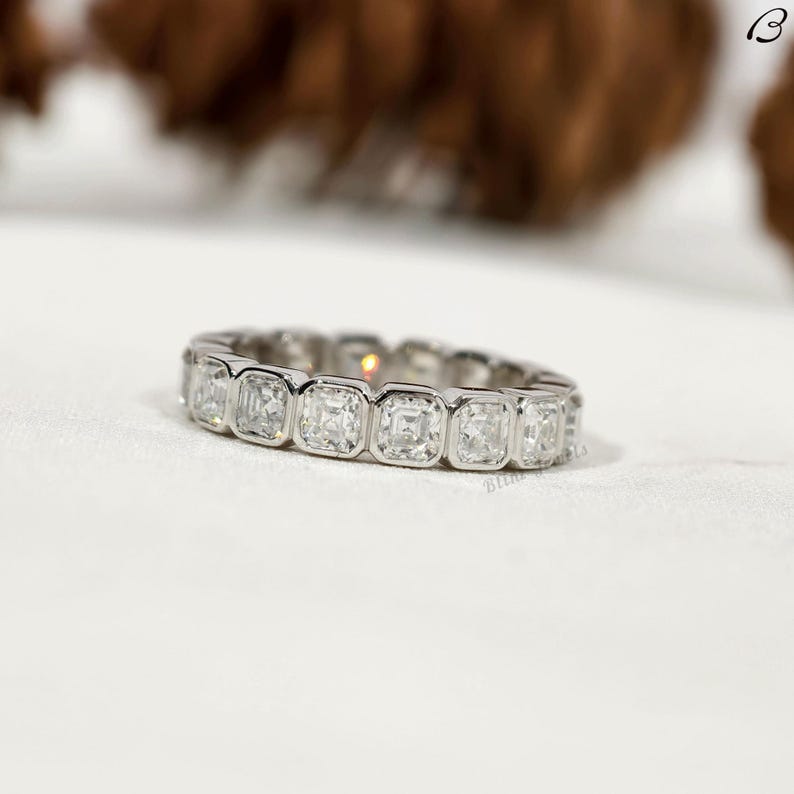 Modern Asscher Cut Moissanite Full Eternity Band, Minimalist Bezel Set ...