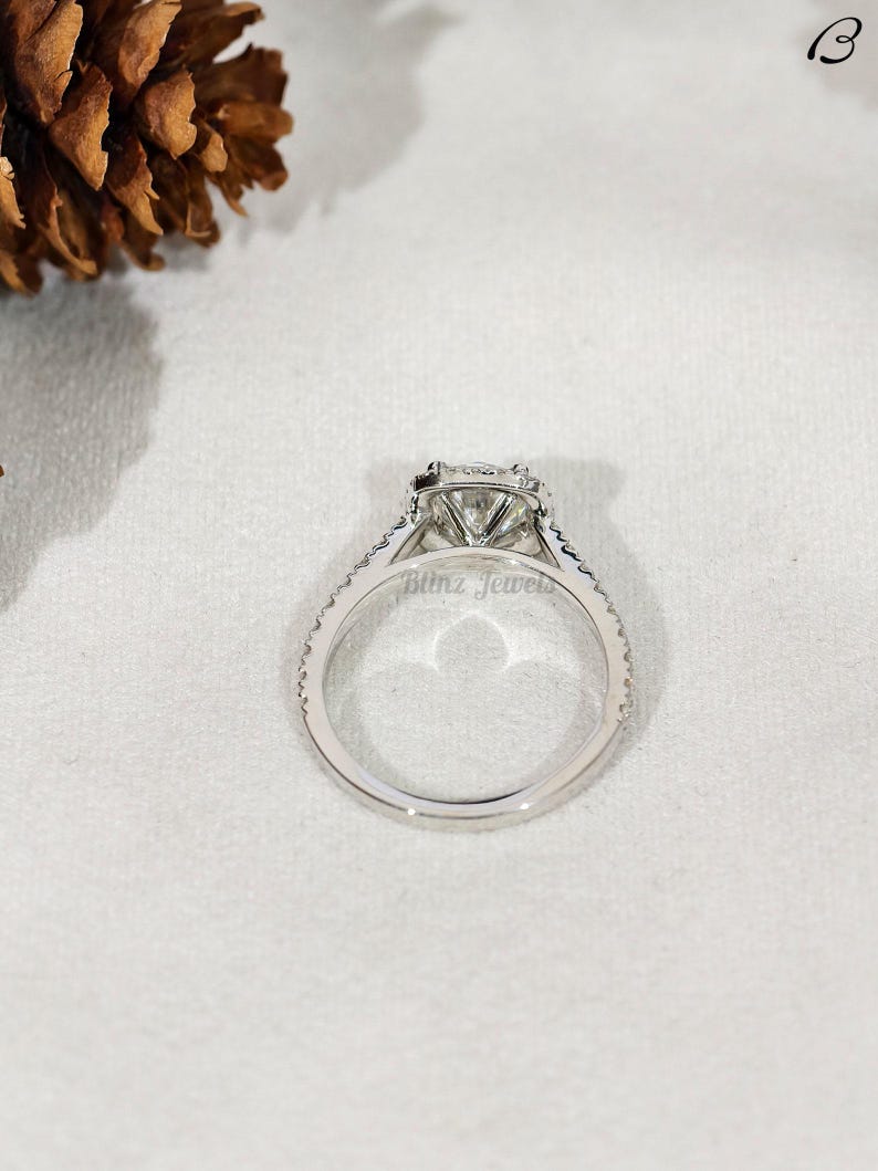 Cushion Cut Moissanite Halo Engagement Ring, 4 Claw Prong Cathedral Set ...