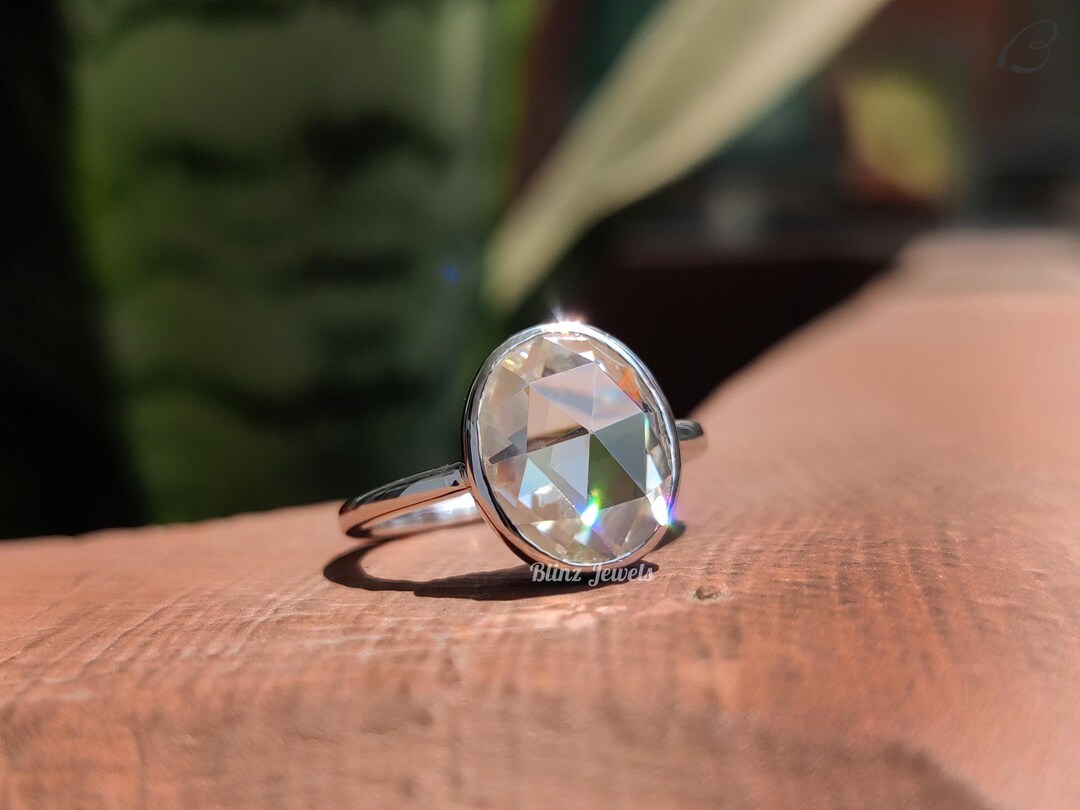 Singular Bezel Set Rose Cut Moissanite Engagement Ring 4 Ct Oval Rose ...