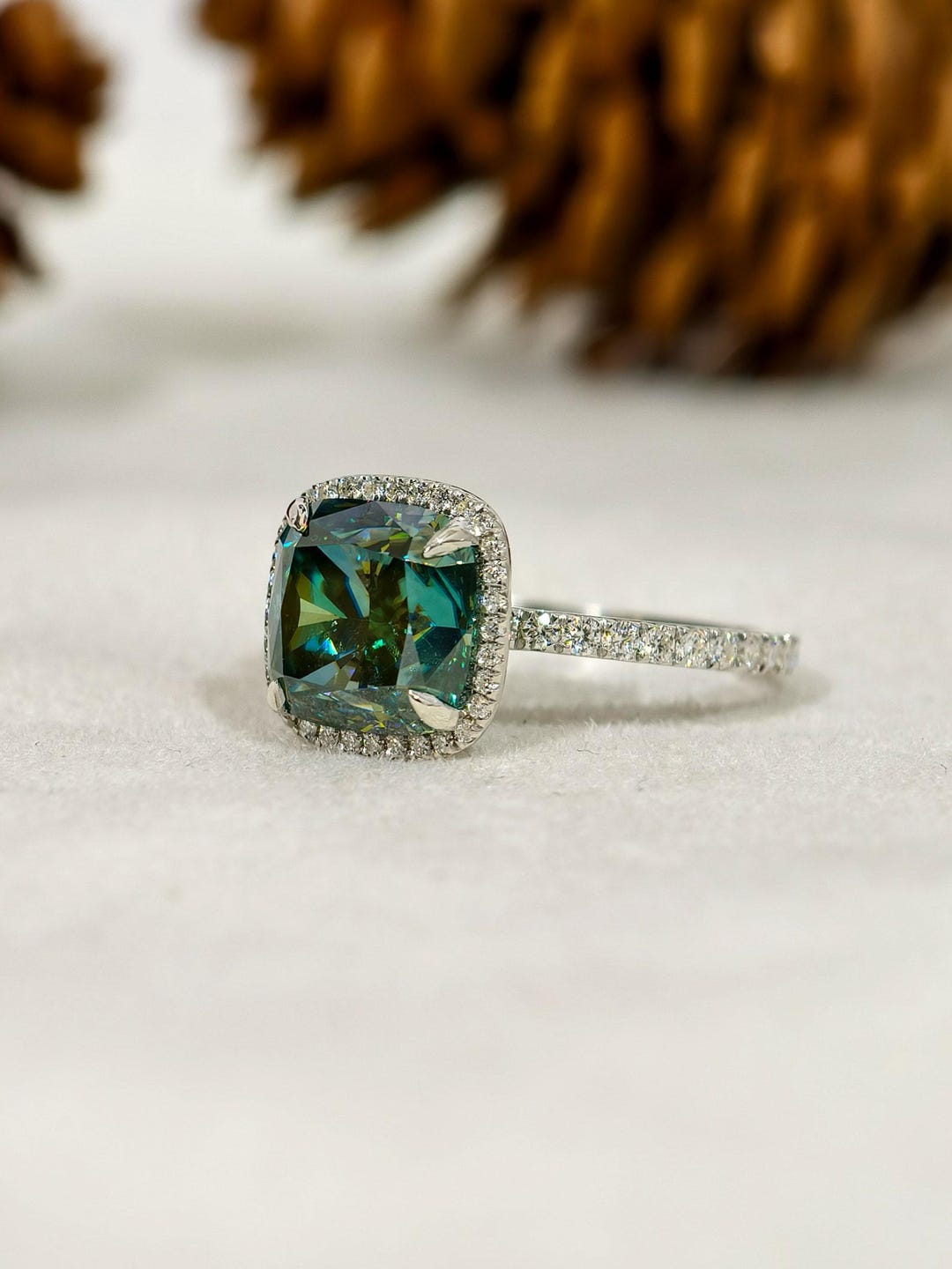 Cyan Blue Cushion Cut Moissanite Engagement Ring, Halo Design ...