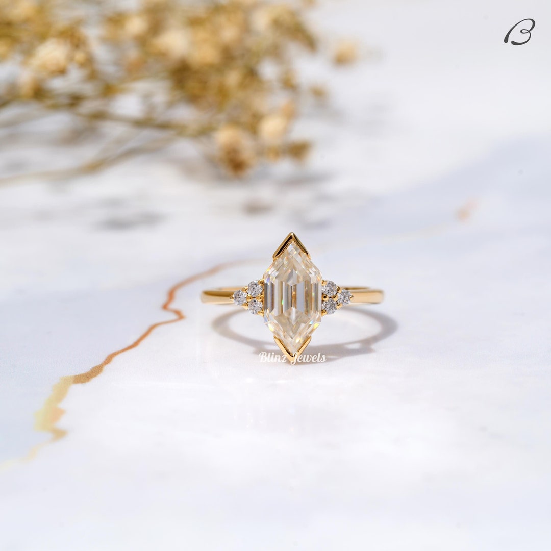 2.30 CT Step Cut Dutch Marquise Moissanite Ring Side Round Stone Wedding Ring 14K Gold Promise ...