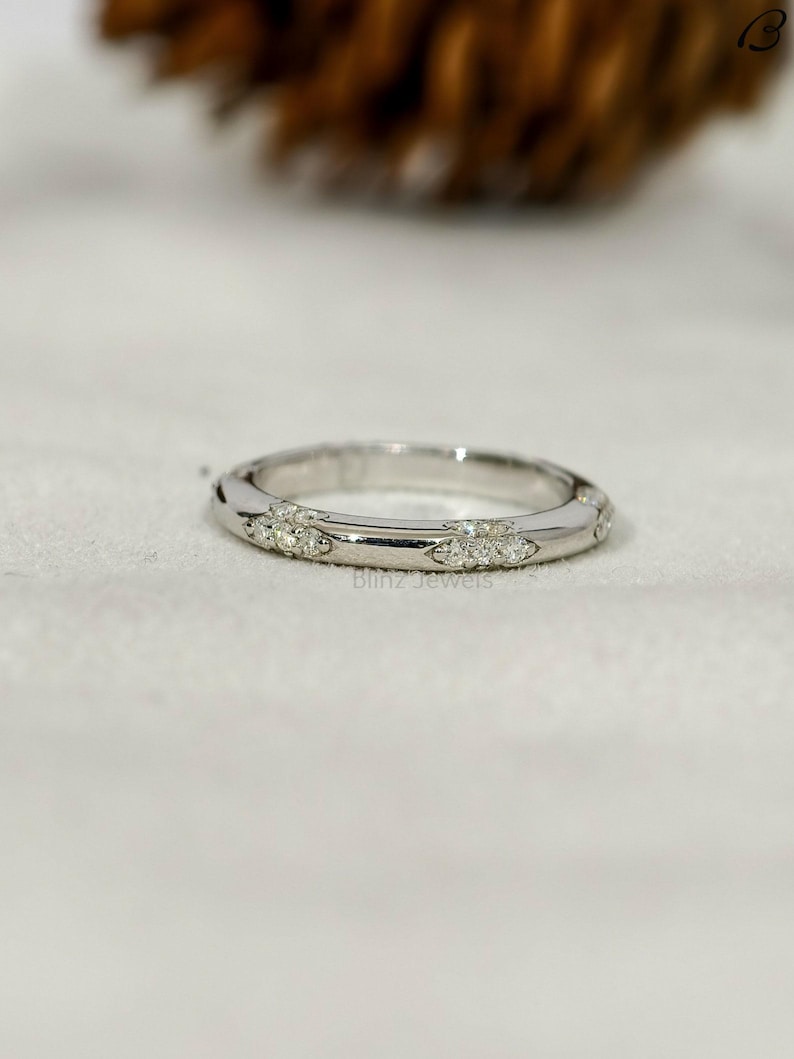 White Gold Moissanite Promise Band, Round Cut Cluster Diamond Wedding ...