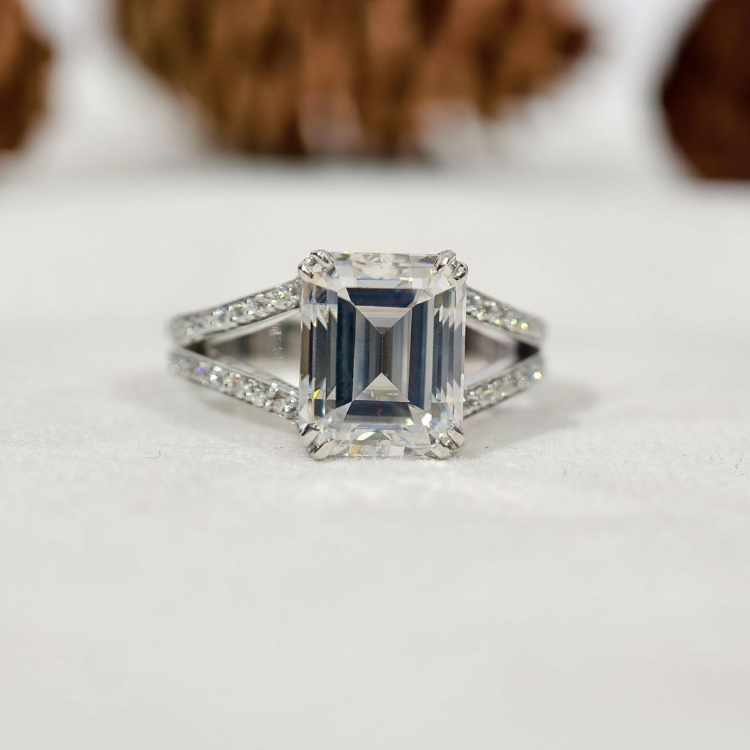 Emerald Cut Moissanite Engagement Ring, Double Claw Prong Set Split ...