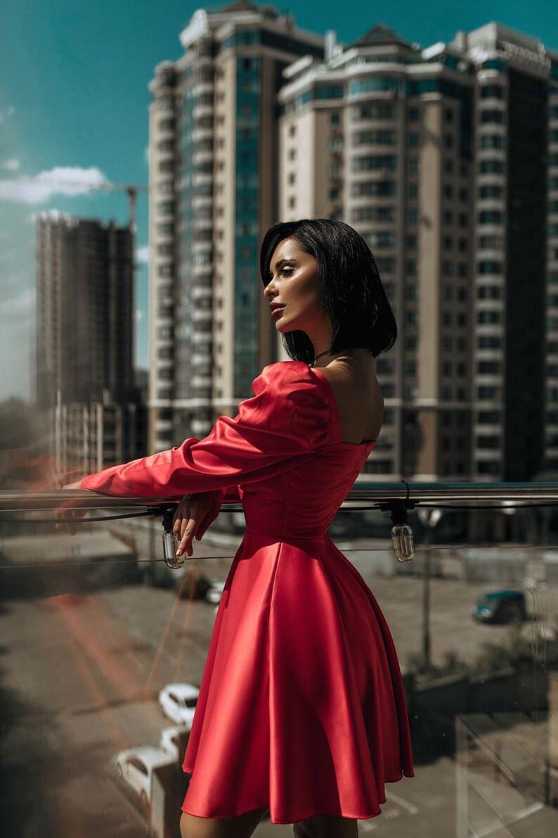 Red Satin Dress, Red Mini Dress, Long Sleeve Red Dress, Red Flared ...