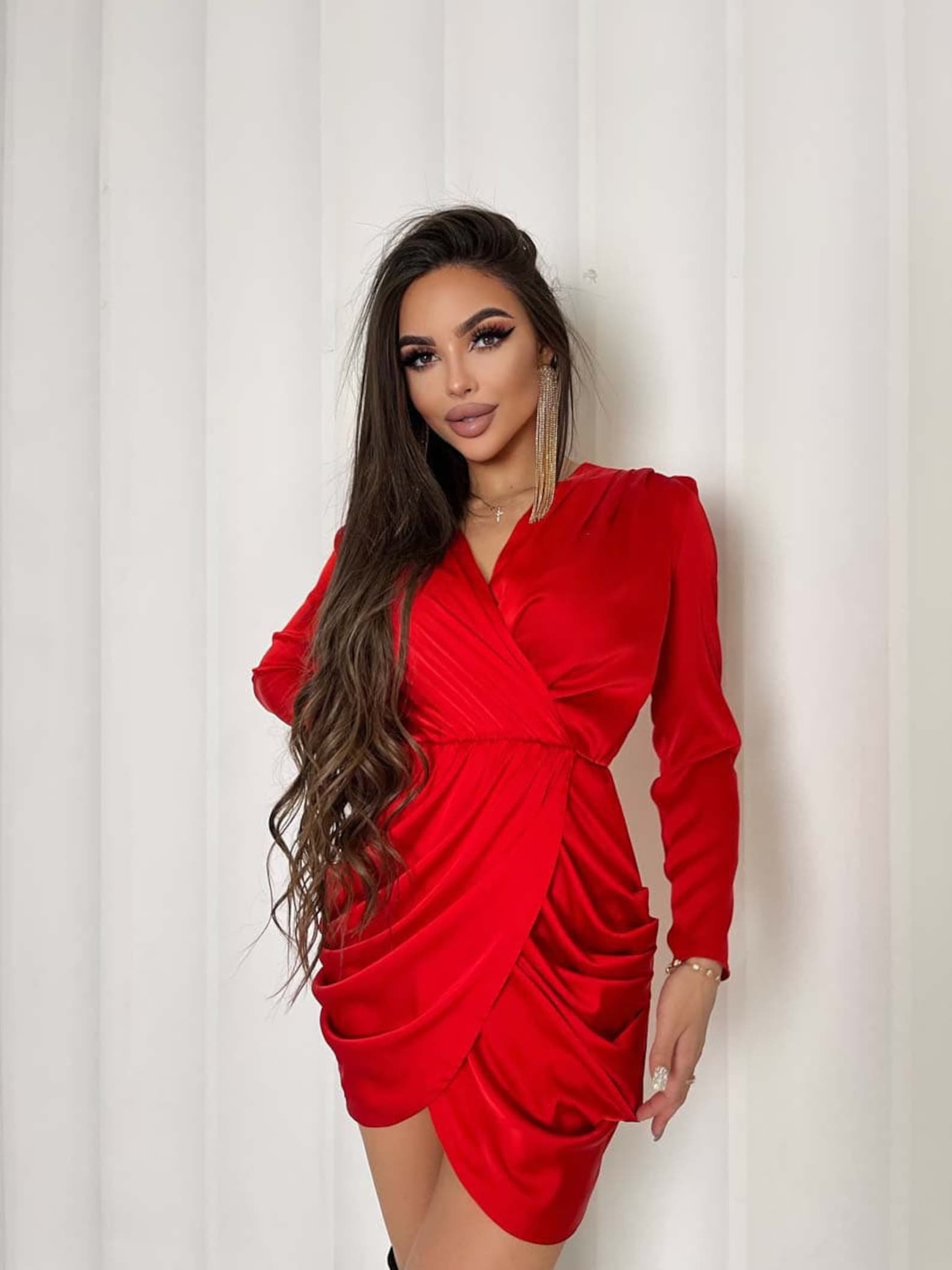 Red Silk Dress, Red Pleated Dress Long Sleeve, Red V Neck Dress, Waist ...