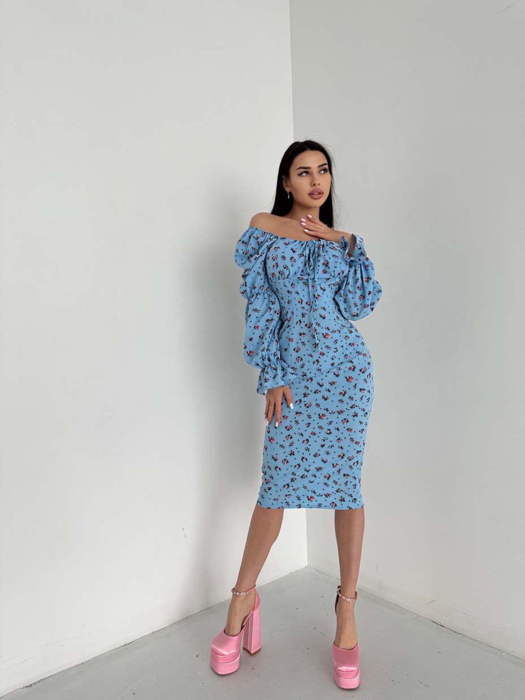 Sky Blue Floral Dress With Puffy Sleeves, Midi Dress With Floral Print ...
