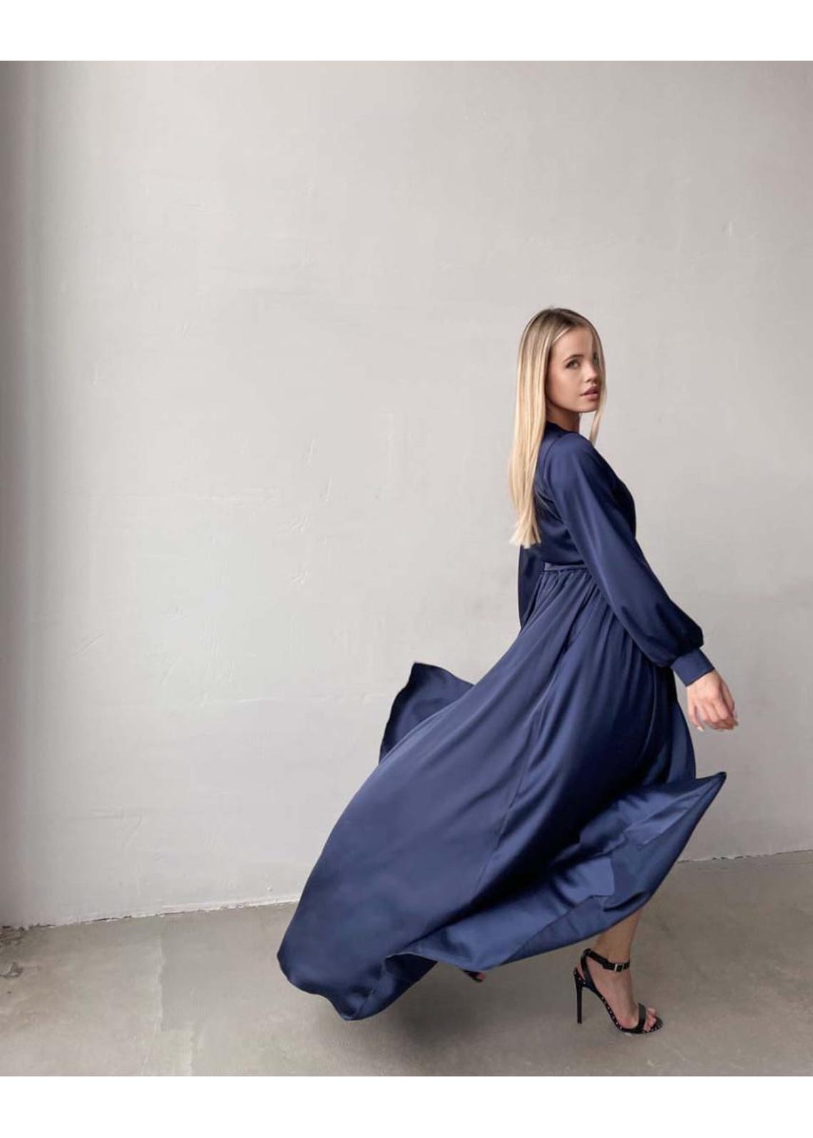 Blue Silk Dress With Slit, Blue Silk Maxi Dress, Maxi Long Sleeves ...