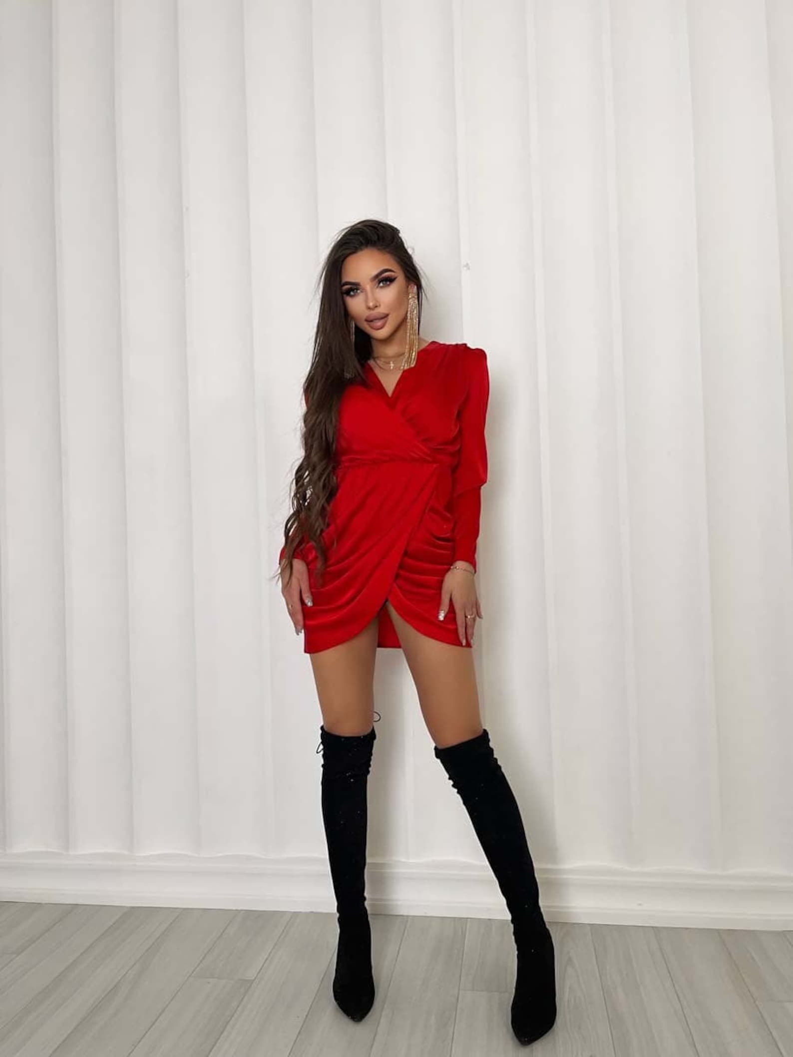 Red Silk Dress Red Pleated Dress Long Sleeve Red V Neck - Etsy