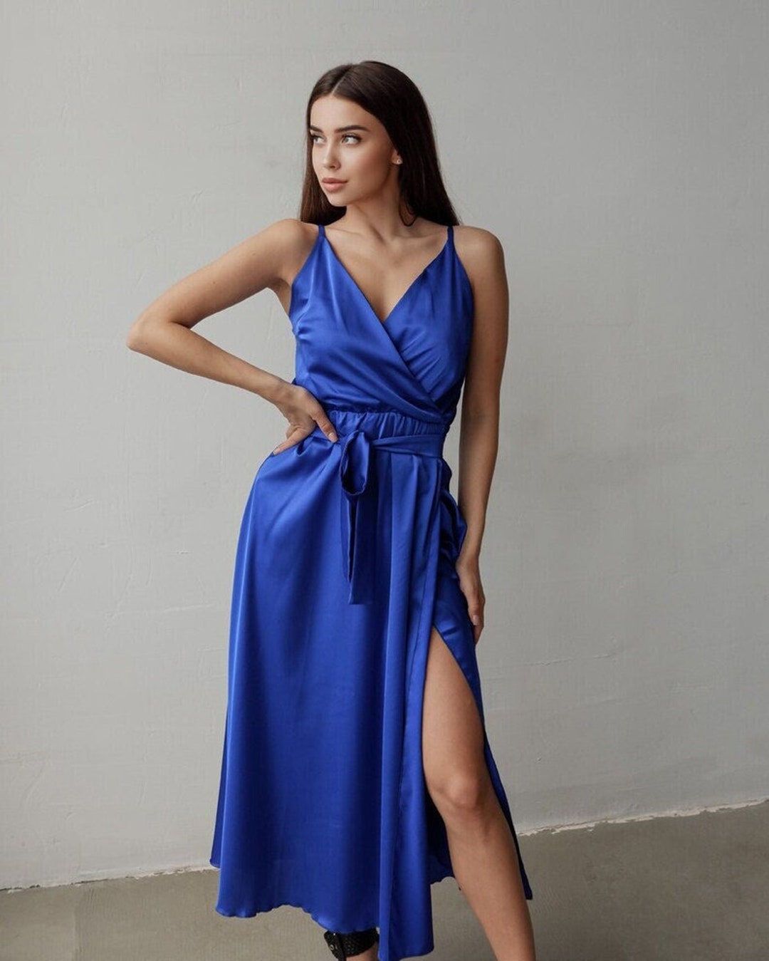 Electric Blue Wrap Dress, Blue Silk Midi Dress, Wedding Guest Dress ...