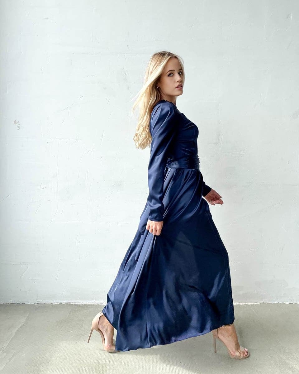 Blue Silk Slip Dress, Long Sleeves Dress With Slit, Blue Midi Dress ...