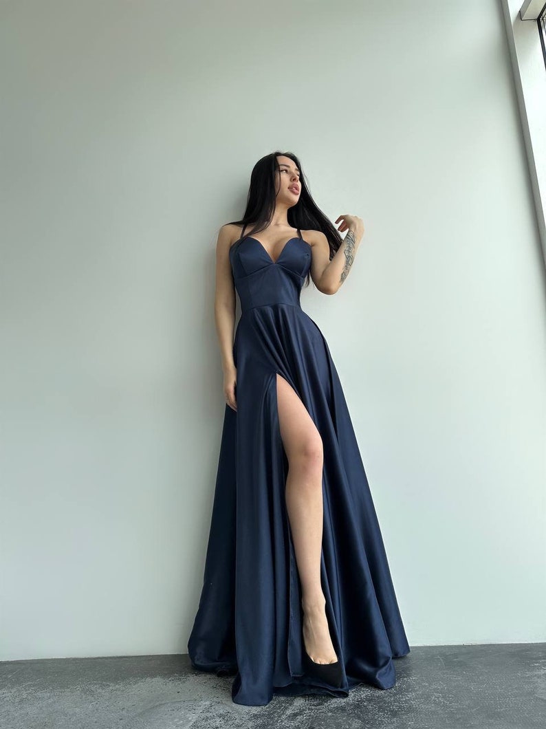 Satin Navy Blue Dress Dark Blue Slit Dress Navy Blue Prom - Etsy