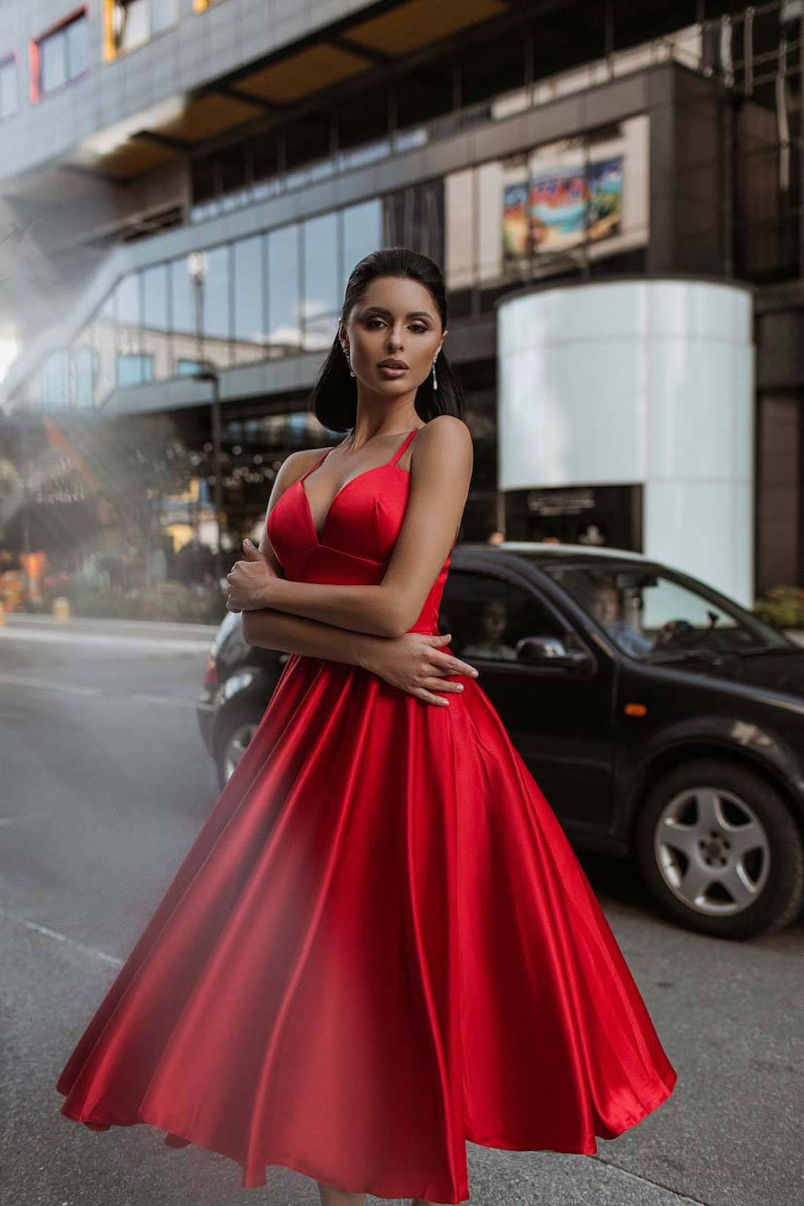 Red Prom Dress, Bustier Dress Midi, Dress With Straps, Red Flared Dress ...