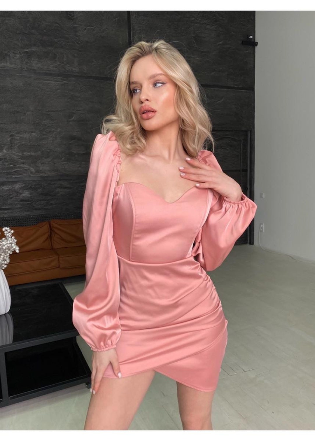 Soft Pink Short Dress With Long Sleeves, Silk Mini Dress Soft Pink ...