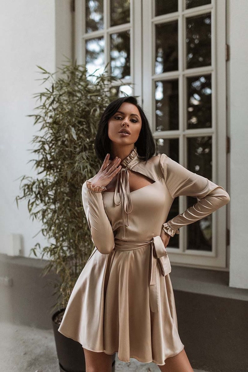 Beige Silk Flared Dress, Silk Beige Dress, Silk Flowy Dress, Long ...