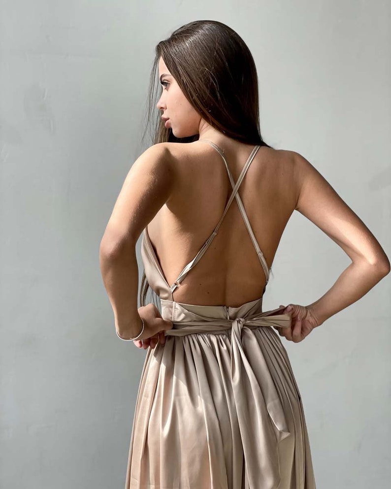 Silk Beige Dress, Backless Long Dress, Puffy Maxi Dress, Backless Slip Dress Slit, Open Back ...