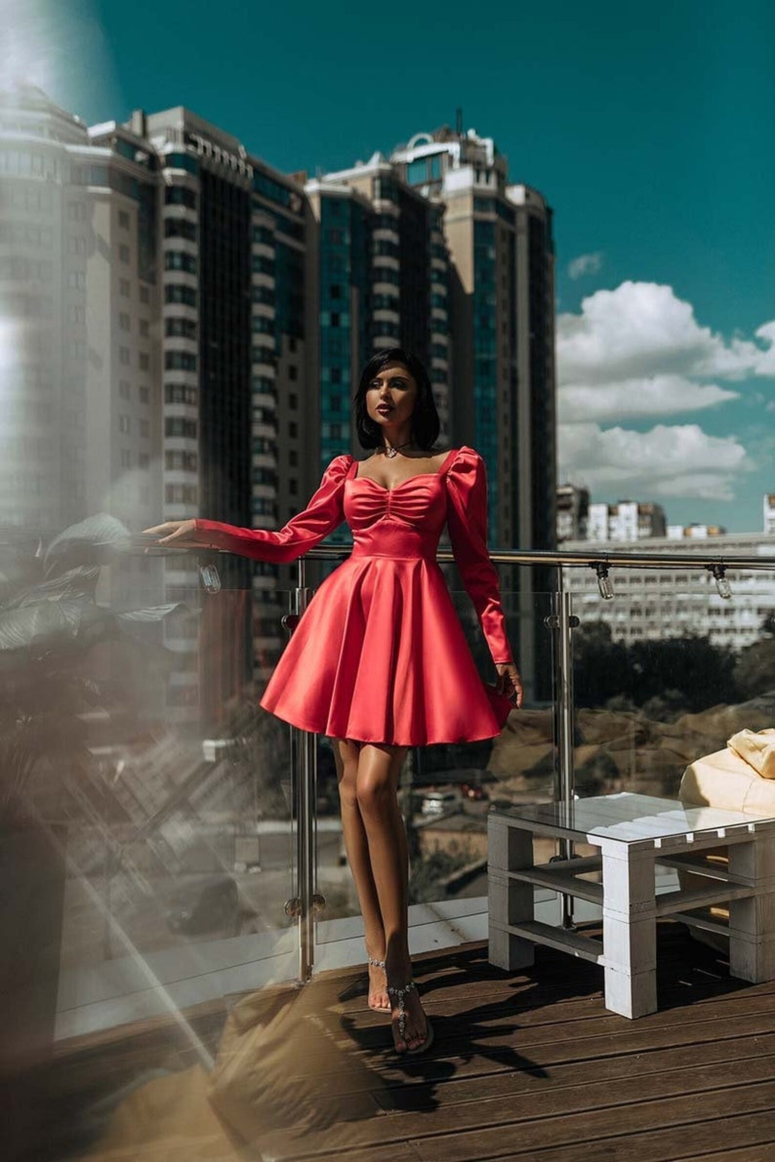 Red Satin Dress, Red Mini Dress, Long Sleeve Red Dress, Red Flared ...