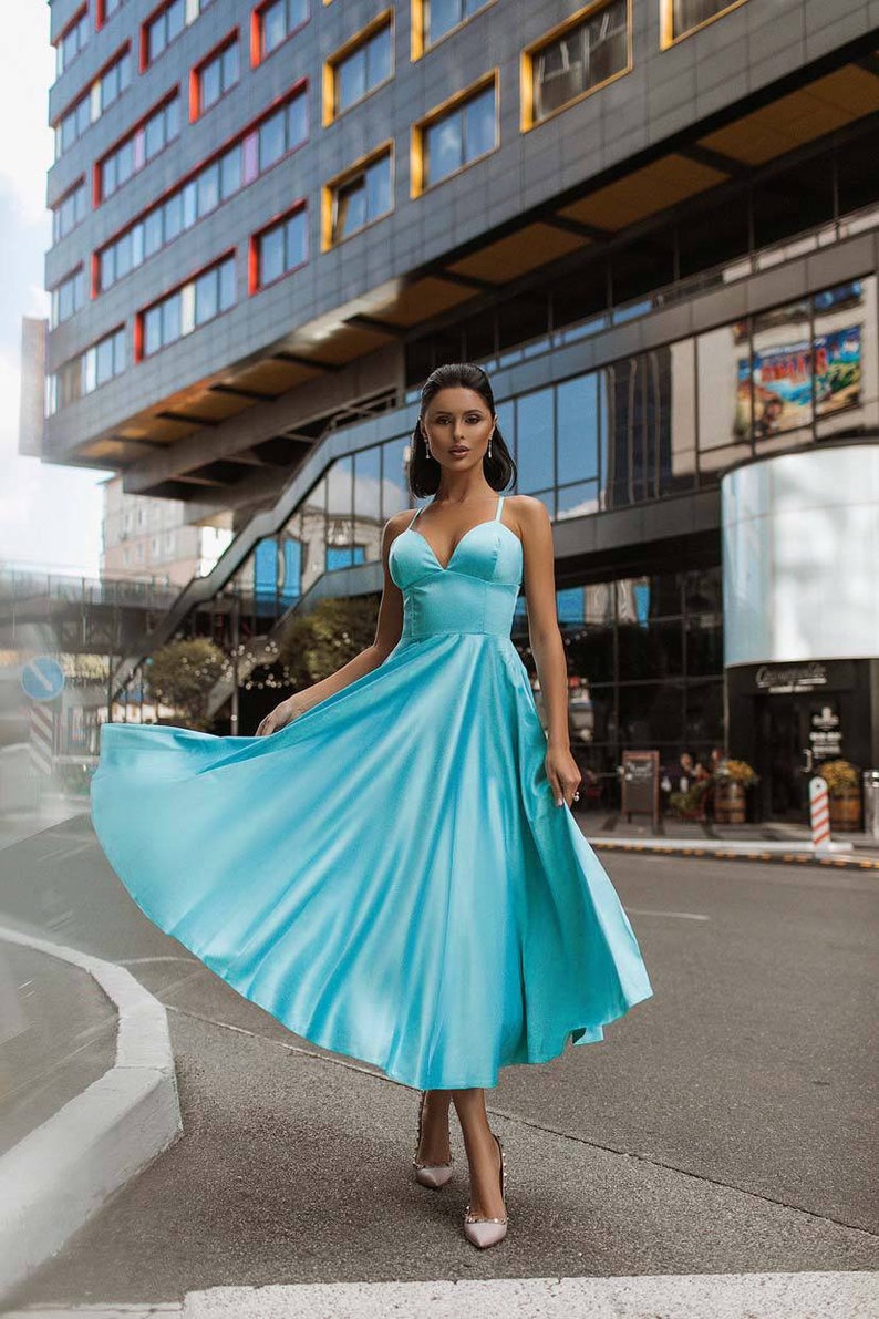 Fit And Flare Dress, Bustier Dress Midi, Turquoise Open Back Dress ...