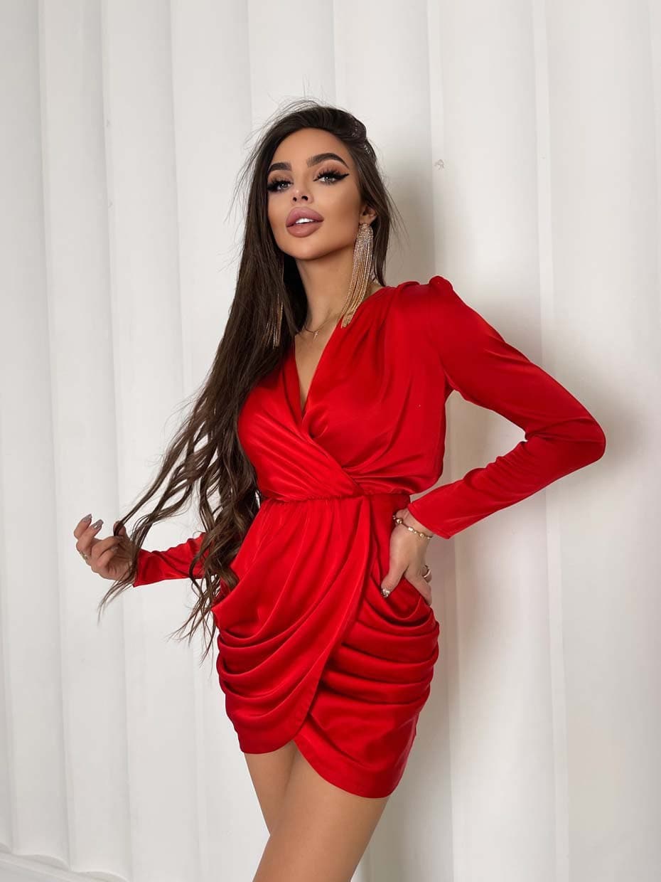 Red Silk Dress, Red Pleated Dress Long Sleeve, Red V Neck Dress, Waist ...