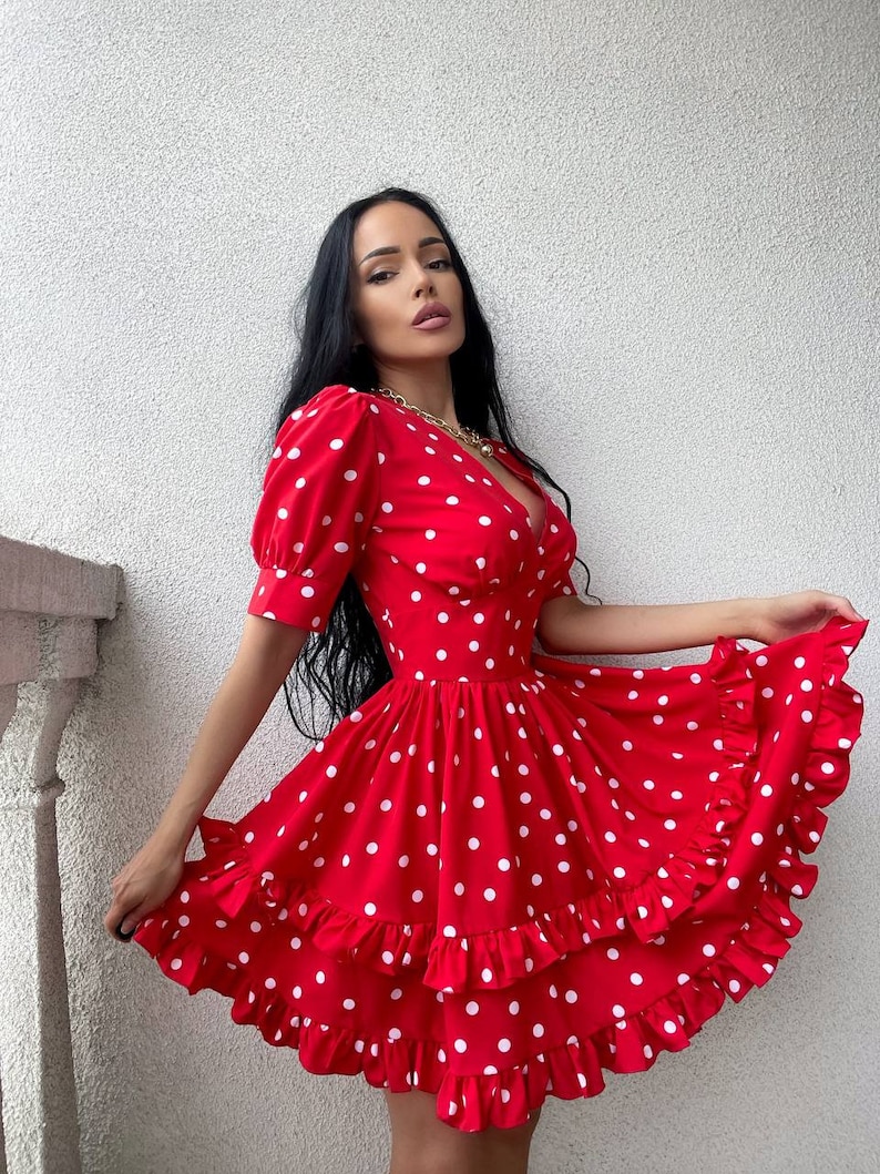 Flared Red Polka Dot Dress Polka Dot Dress Red Cocktail - Etsy