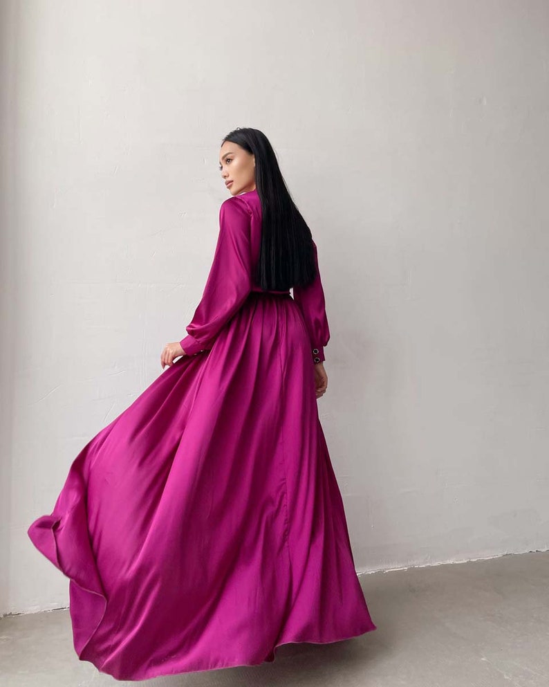 Fuchsia Wrap Dress Silk Dress With Long Puff Sleeves Fuchsia Dress