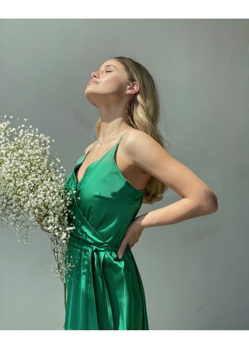 Green Midi Wrap Dress, Green Satin Slip Dress, Silk Long Dress ...