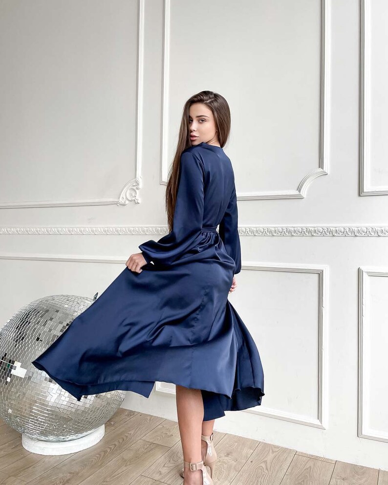 Dark Blue Silk Prom Dress, Dark Blue Silk Dress With Long Sleeves, Blue ...