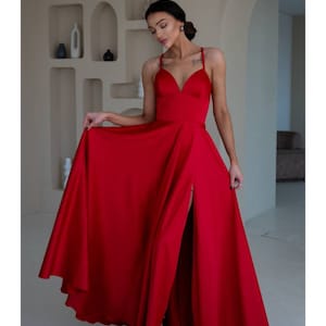 Red Silk Dress With Slit, Red Silk Long Dress, Maxi Prom Dress, Women ...