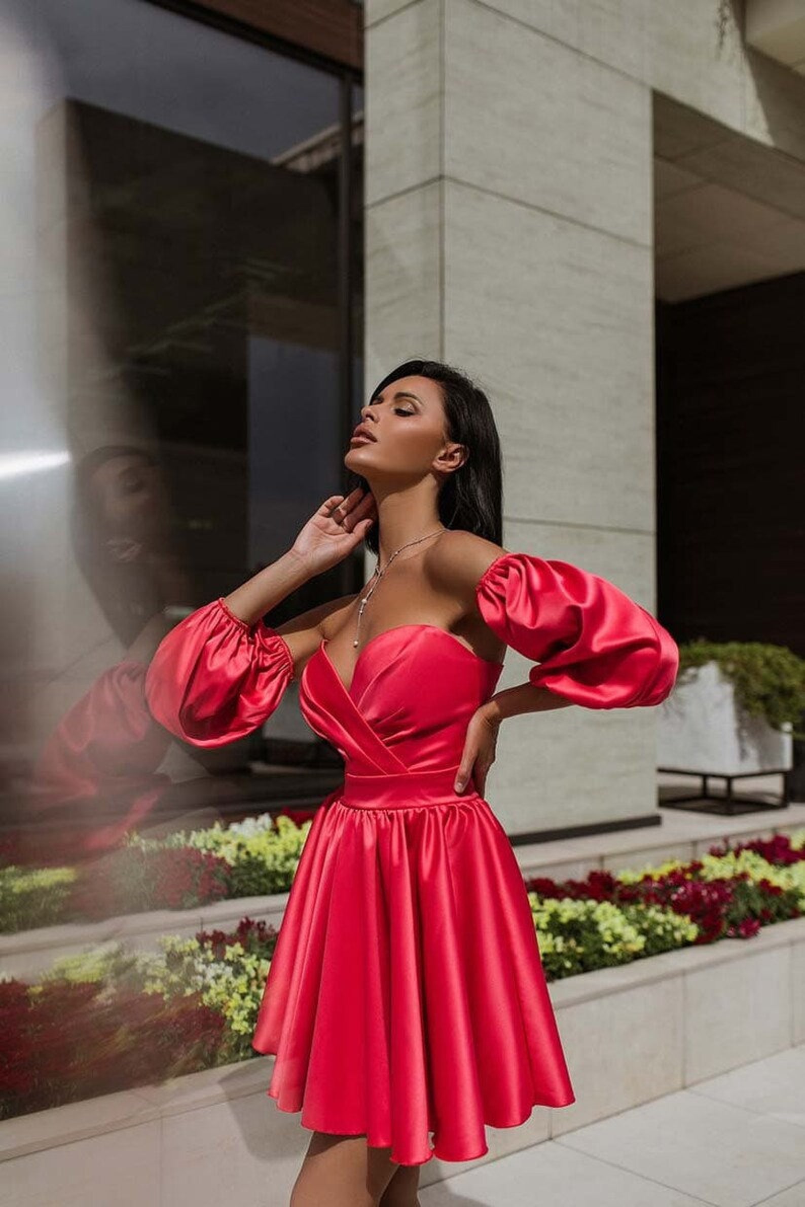 Red Satin Dress, Red Flared Dress, Short Flowy Dress, Red Swing Dress ...