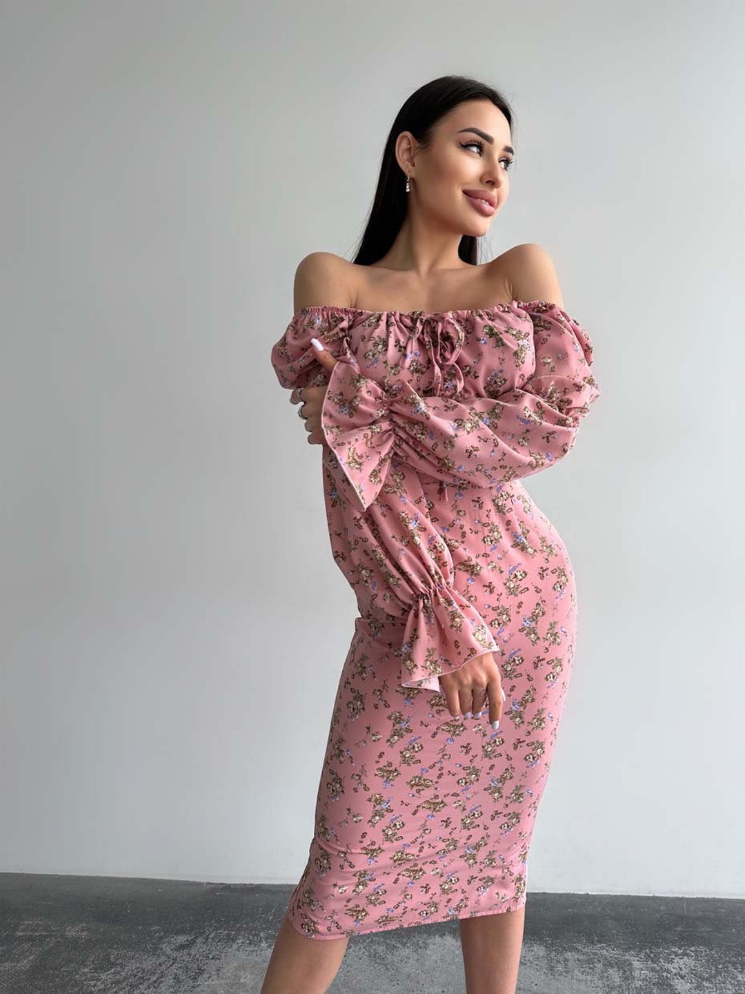 Midi Dress With Floral Print, Pink Floral Dress With Puffy Sleeves ...