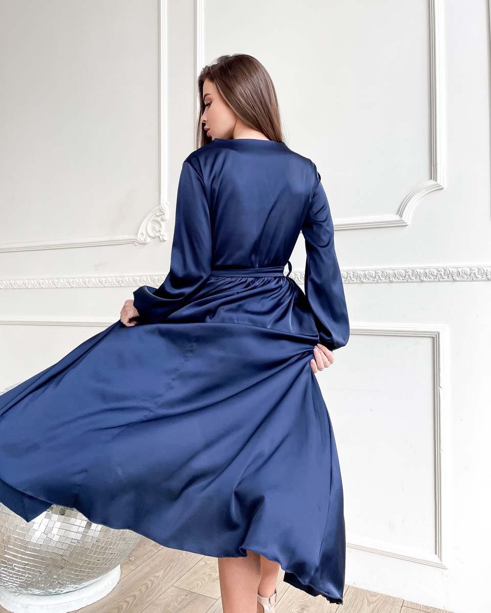Dark Blue Silk Prom Dress, Dark Blue Silk Dress With Long Sleeves, Blue ...