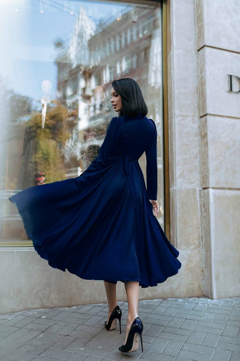 Dark Blue Swing Cocktail Dress, Fit and Flare Midi Dress, Retro Swing ...