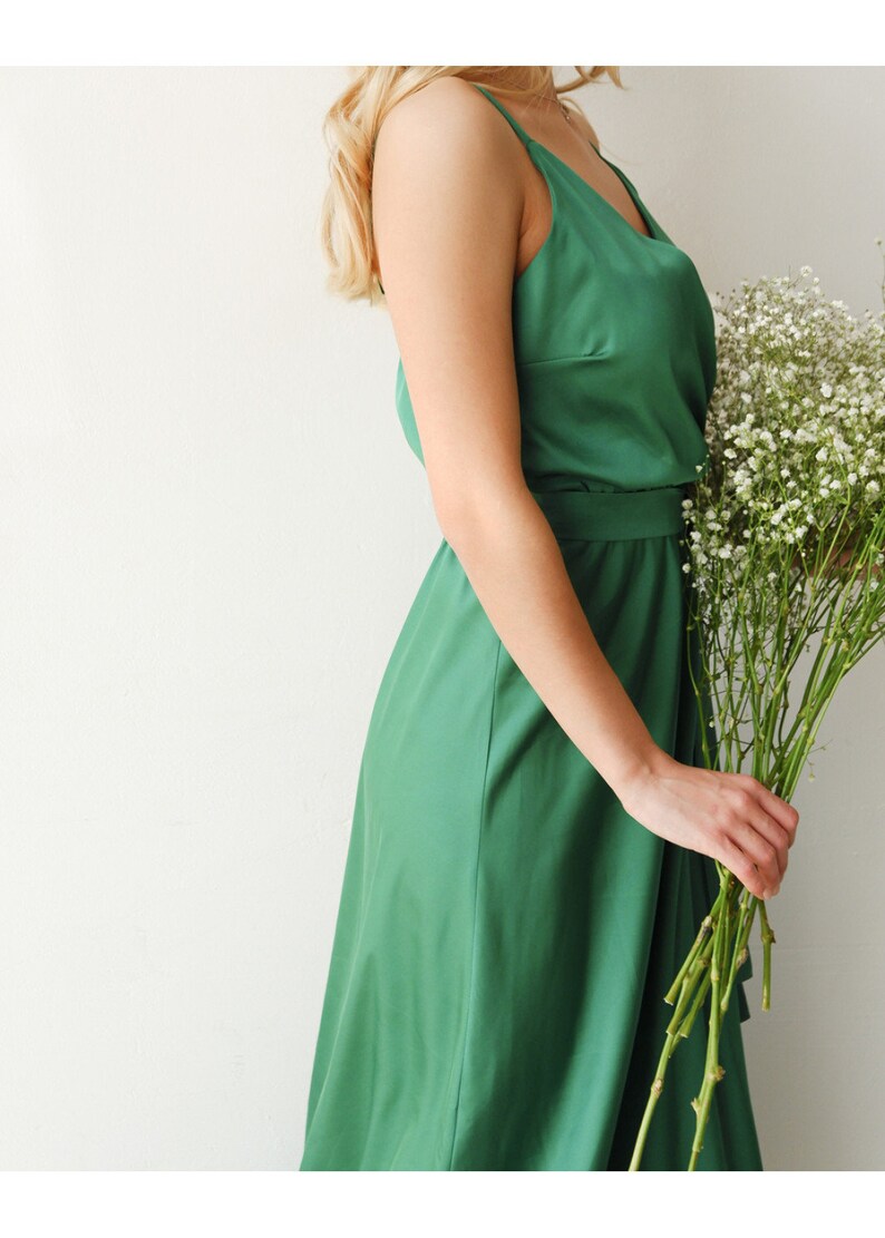 Green Midi Wrap Dress, Green Satin Slip Dress, Silk Long Dress ...